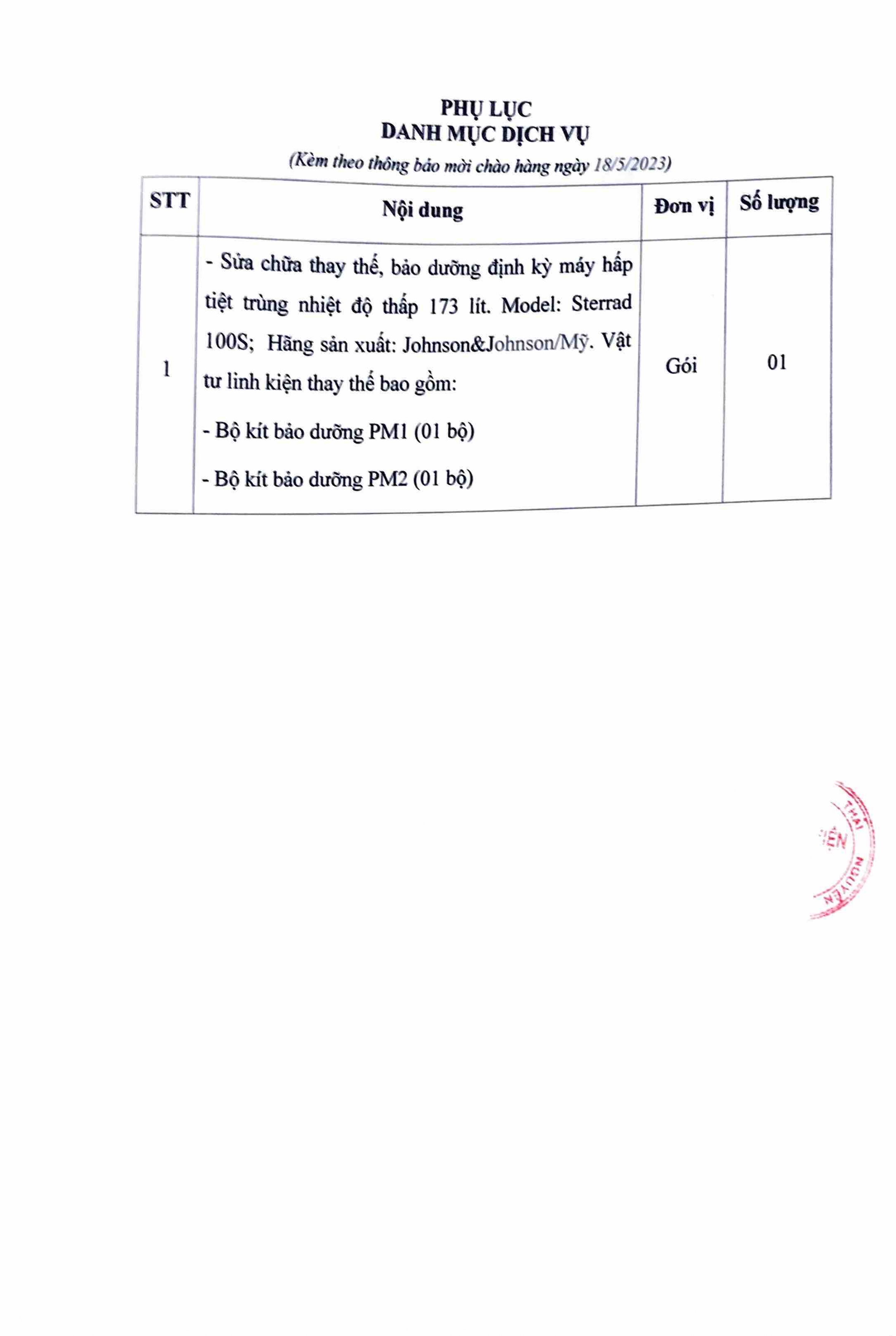 Thông báo mời chào hàng: Cung cấp sửa chữa thay thế, bảo dưỡng định kỳ máy hấp tiệt trùng nhiệt ...