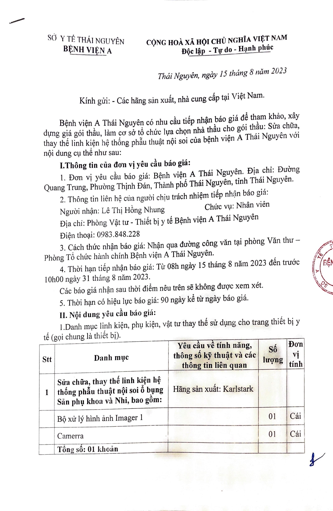 Thông báo: Sửa chữa thay thế linh kiện hệ thống phẫu thuật nội soi của Bệnh viện A Thái Nguyên
