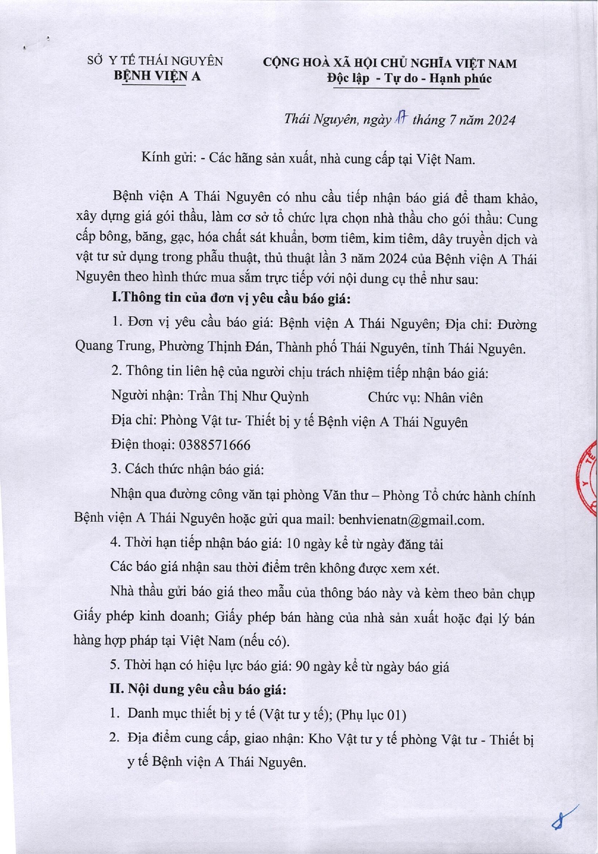 Thông báo mời chào giá gói thầu: Cung cấp bông, băng , gạc, hóa chất sát khuẩn, vật tư sử dụng ...